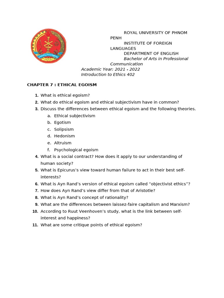 Chapter 7 - Ethical Egoism - Comprehension | PDF