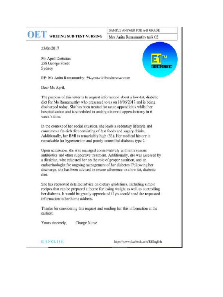 OET Writing Nursing Letter Sample Answer Anitha Ramamurthy | PDF
