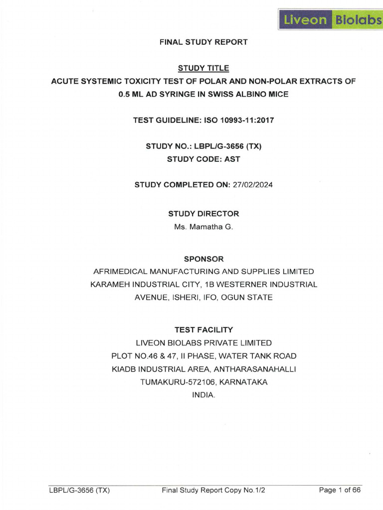 0.5ML Acute Systemic Toxicity Test | PDF
