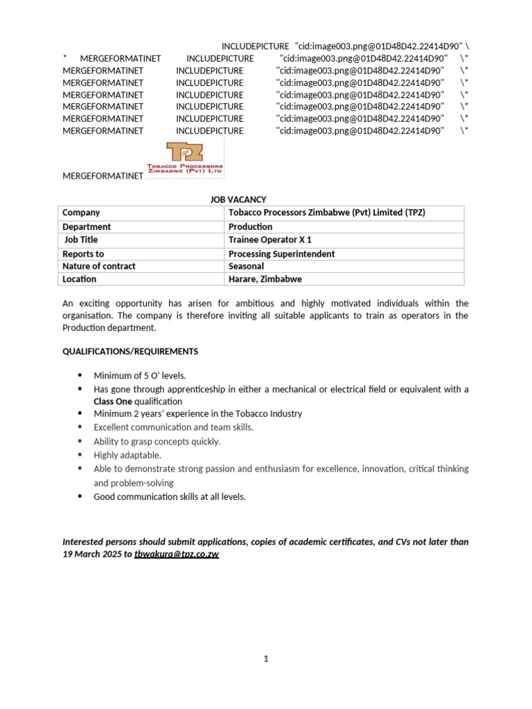 Trainee Operator Job at TPZ Zimbabwe | PDF