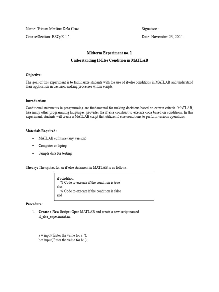 Dela Cruz Embedded-System-Midterm-Exp-no-1 | PDF | Matlab | Variable (Computer Science)