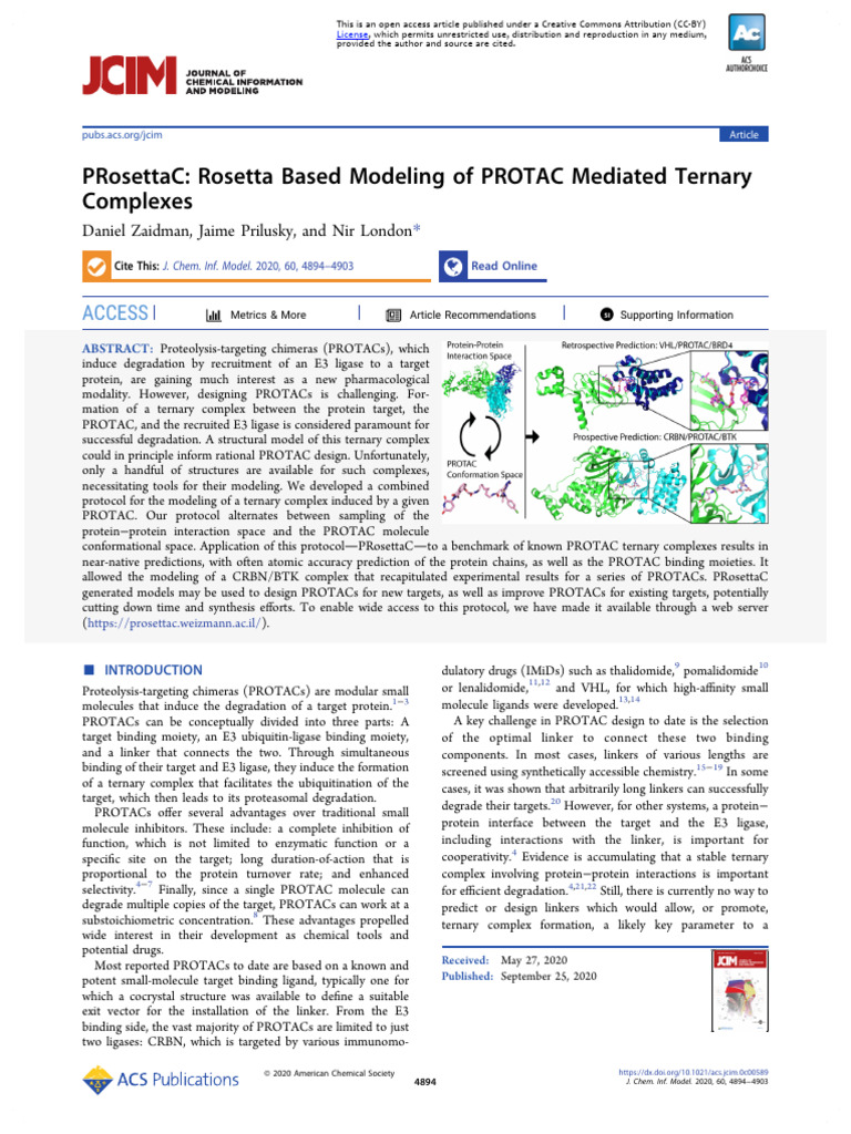 Zaidman Et Al 2020 Prosettac Rosetta Based Modeling of Protac Mediated Ternary Complexes | PDF ...