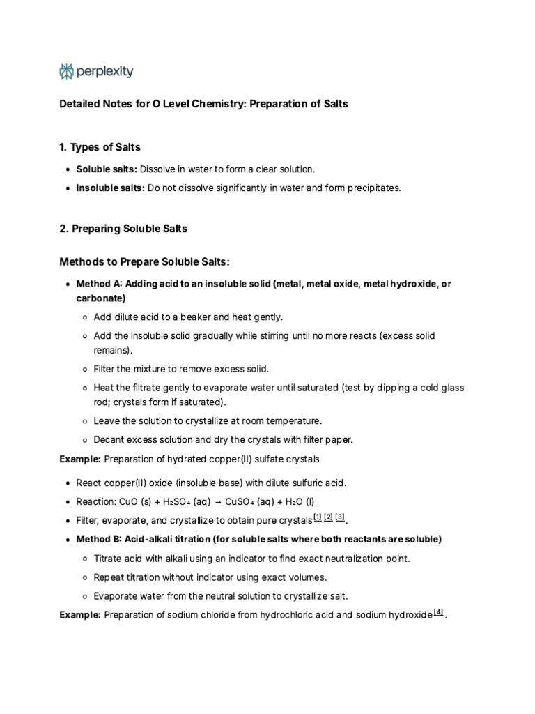 O Level Chemistry: Salt Preparation Guide | PDF | Salt (Chemistry ...