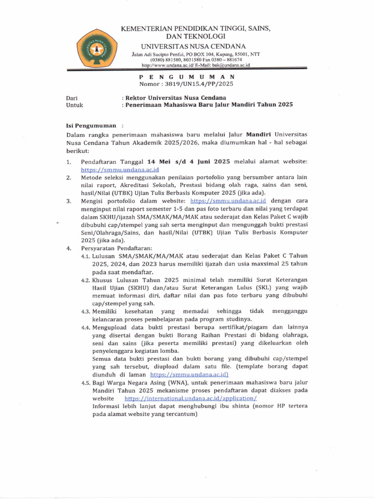 Pengumuman MABA Jalur MANDIRI 2025 1 | PDF