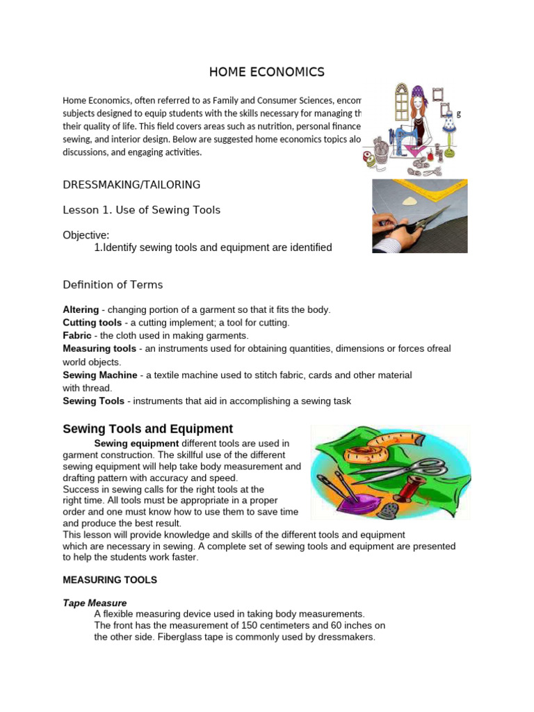 HOME ECONOMICS Lesson 1. Sewing Tools and Equipment | PDF | Sewing ...