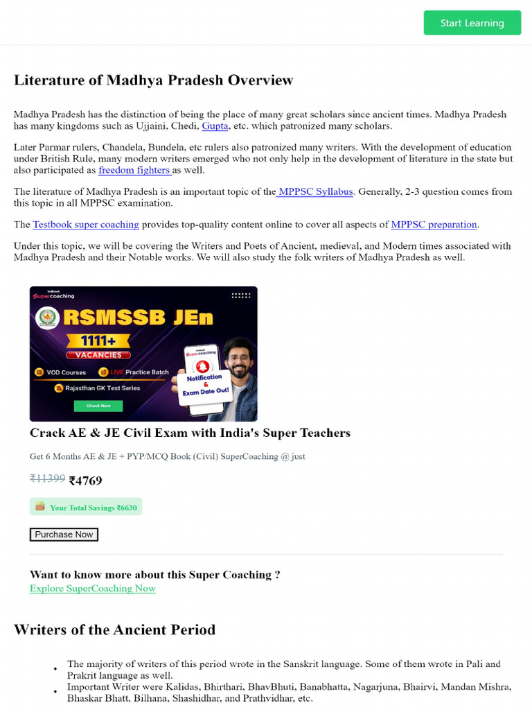 Literature of Madhya Pradesh, Writers, Brief History & Their Work | PDF