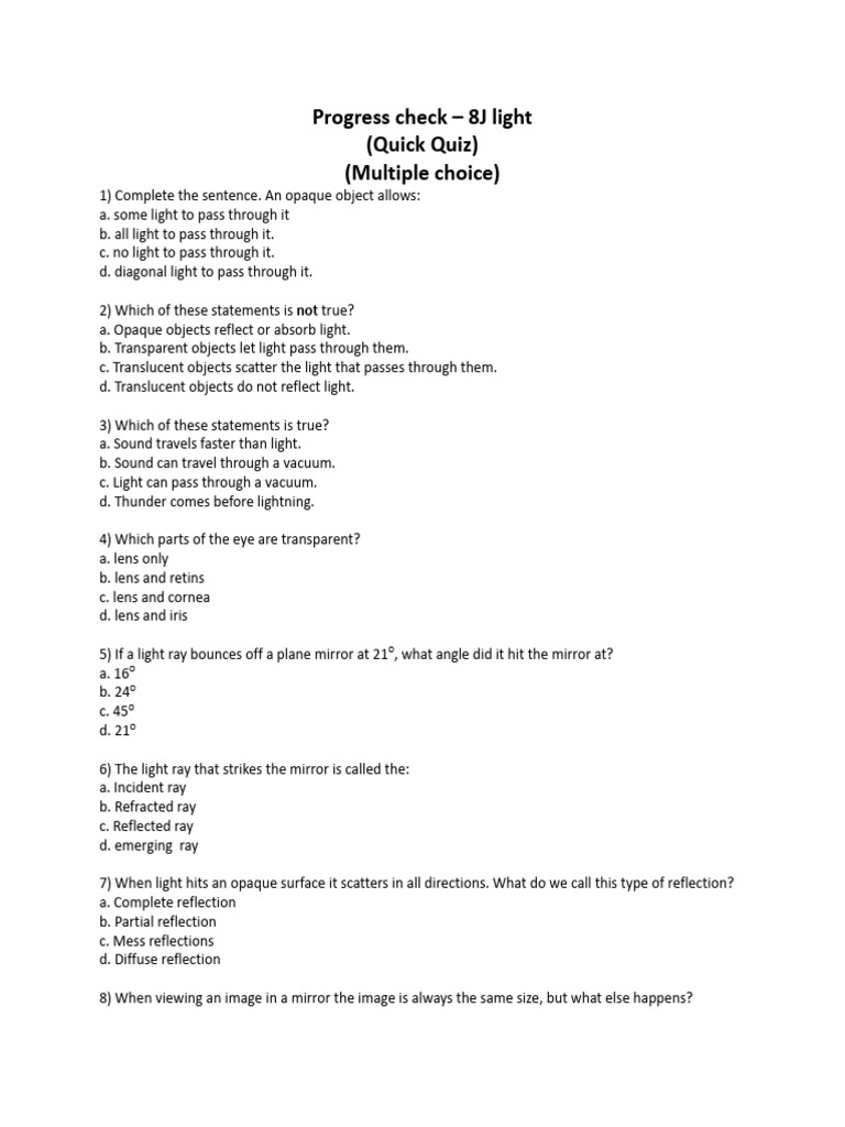 Light Concepts Quiz for 8J Students | PDF
