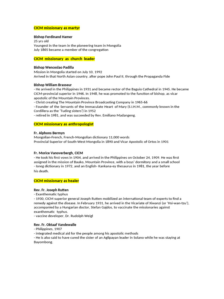 Cicm Missionaries Notes | PDF