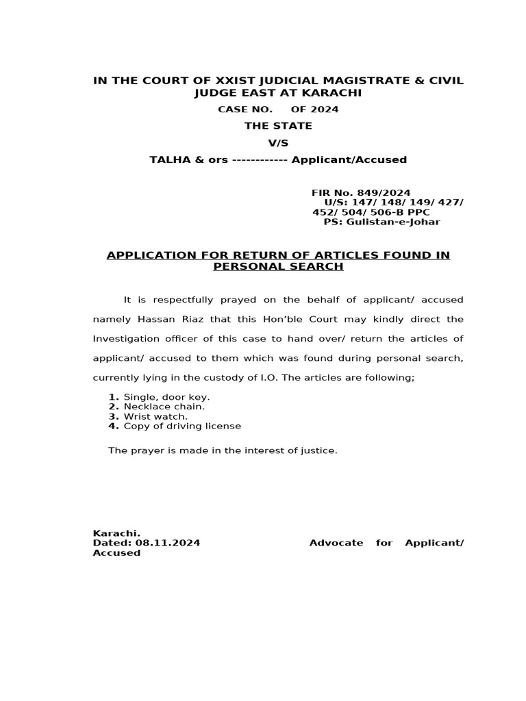 Application For Return of Articles Found During Personal Search | PDF ...