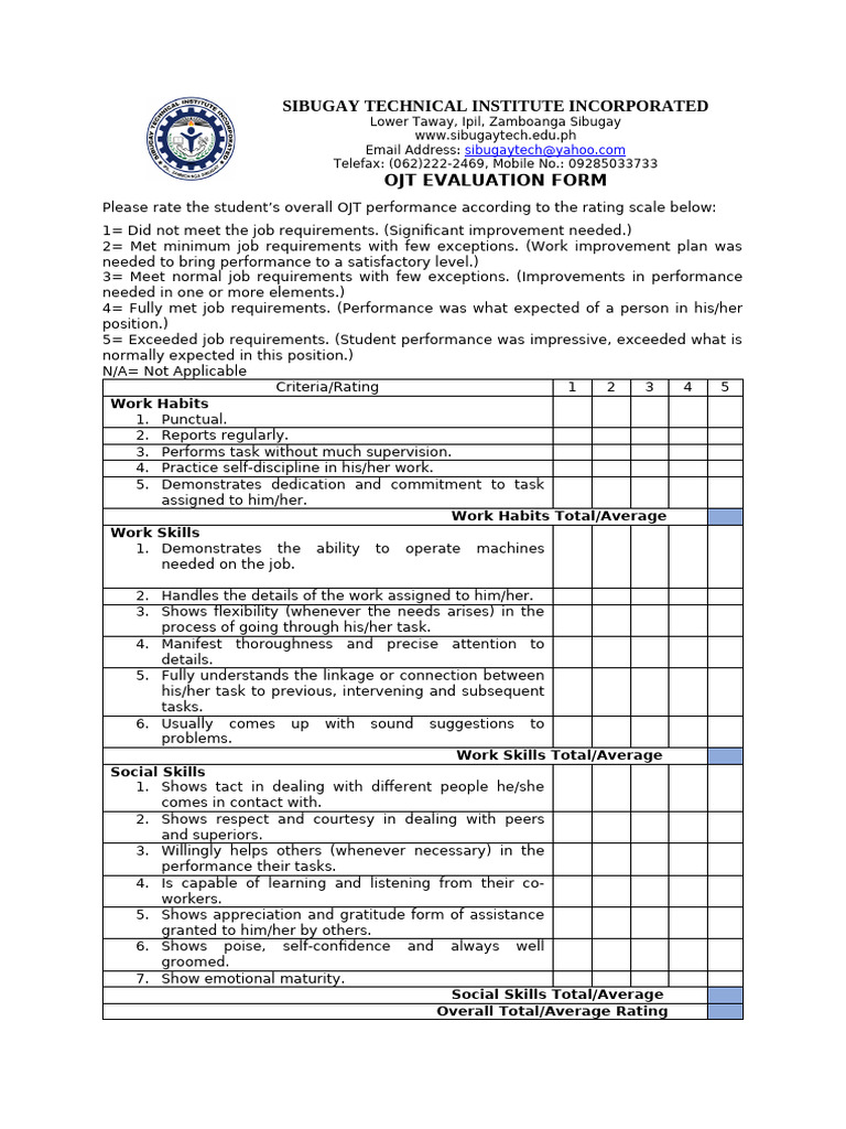Ojt Evaluation Form Stii BSHM | PDF | Behavioural Sciences | Psychology