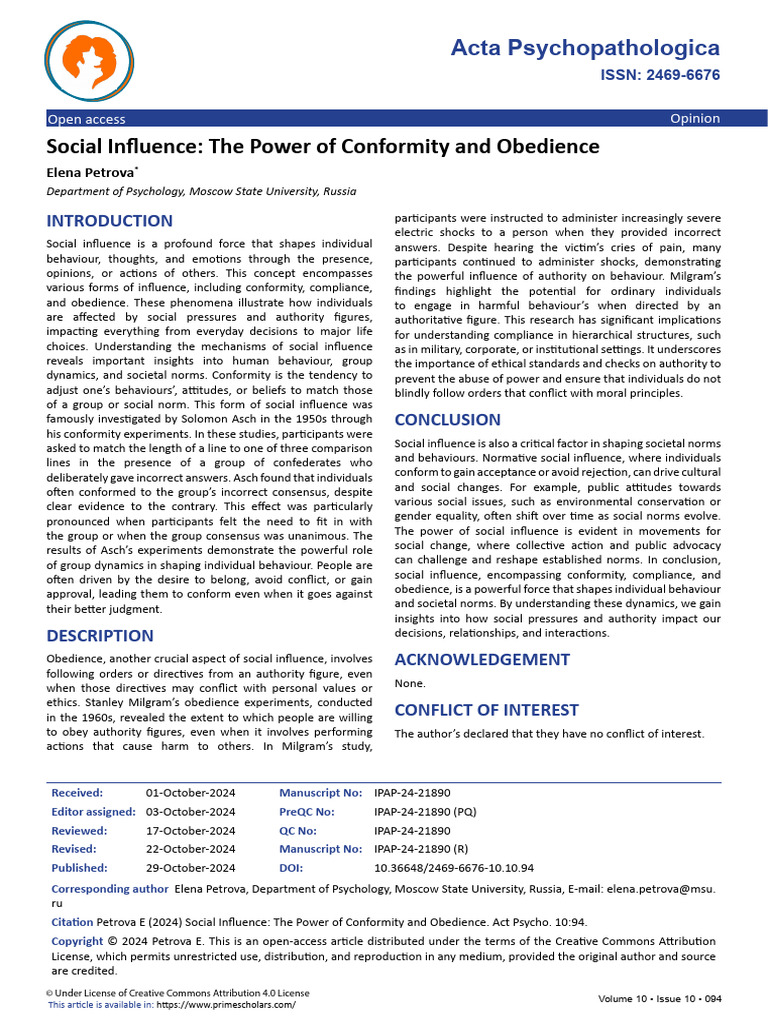 Social Influence: Conformity & Obedience | PDF | Conformity | Social ...