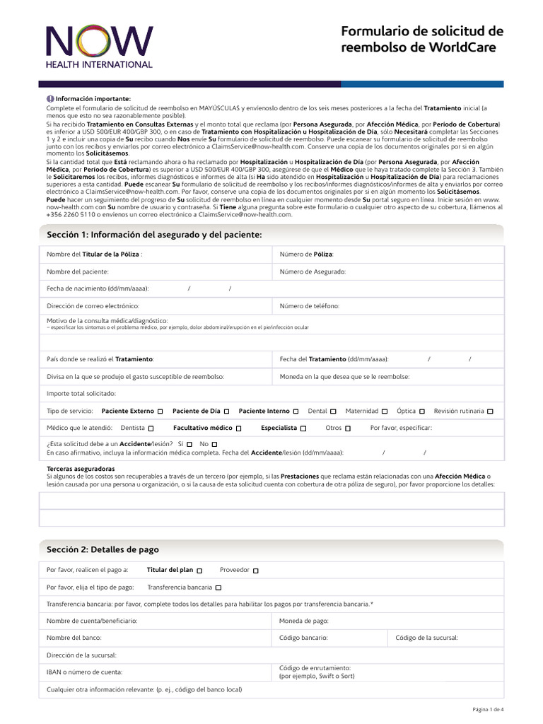 WorldCare MALTA SPANISH Claim Form 2022w | PDF | Seguro | Póliza de seguros