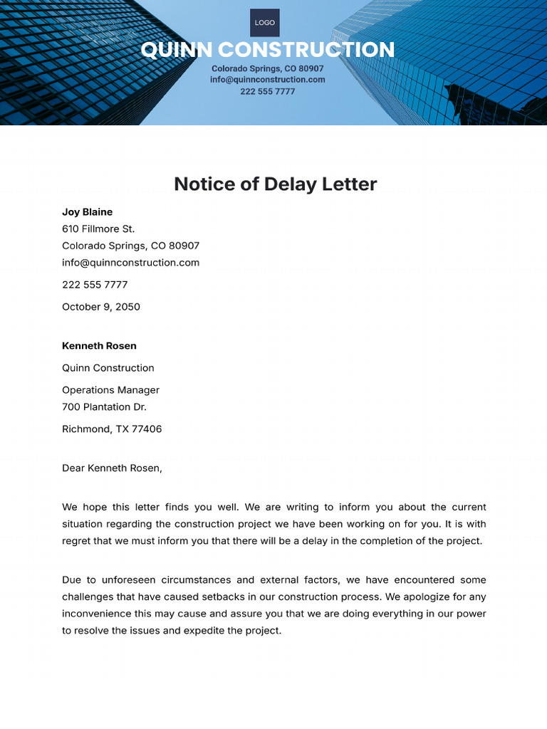 Free Notice of Delay Letter Construction Template | PDF
