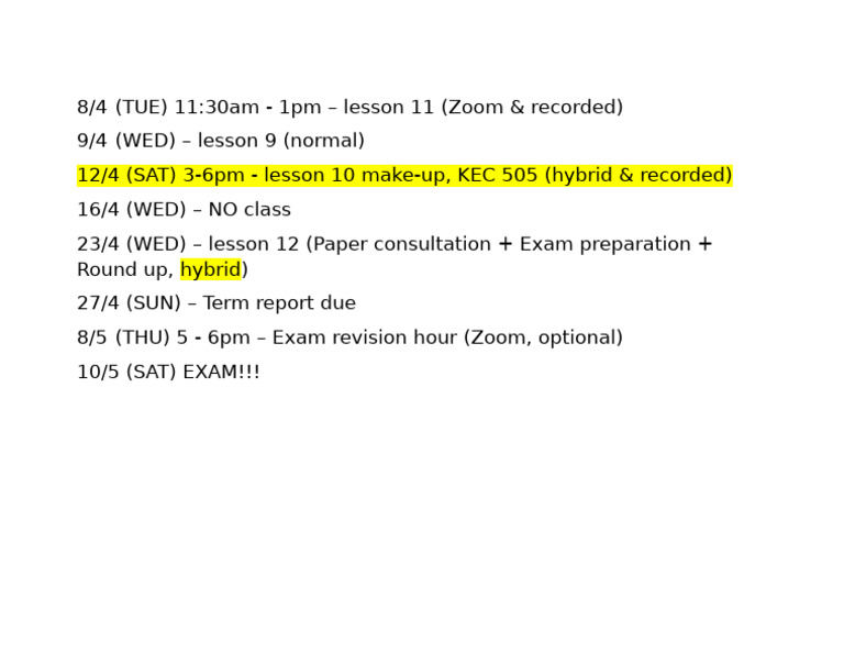 April 2024 Class Schedule & Exam Dates | PDF