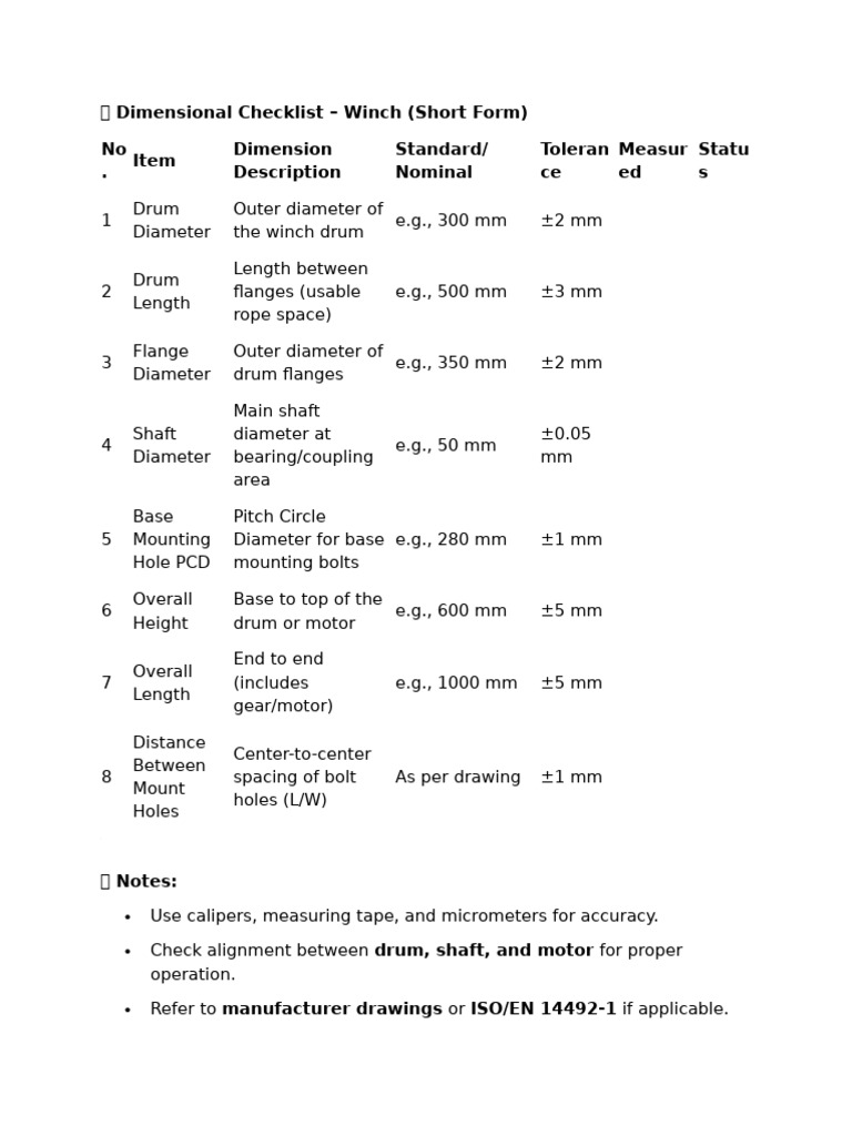 Winch Dimension Checklist | PDF