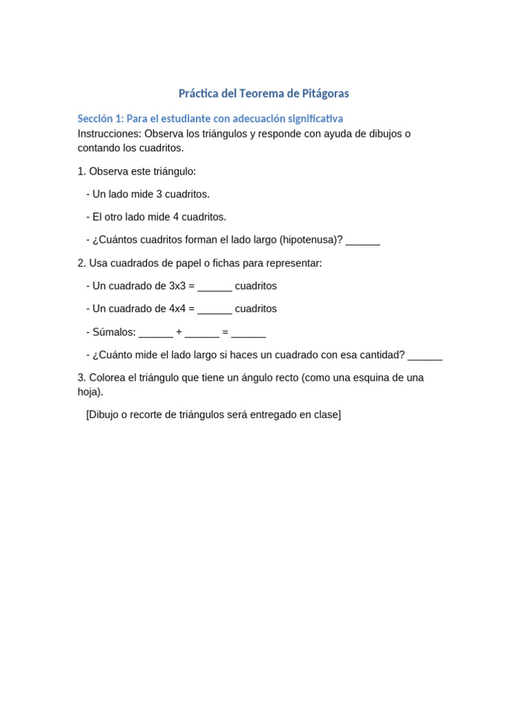 Practica Teorema Pitagoras Diferenciada | PDF