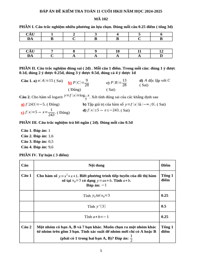 ĐÁP ÁN ĐỀ KIỂM TRA TOÁN 11 CUỐI HKII NĂM HỌC 2024 AutoRecovered | PDF