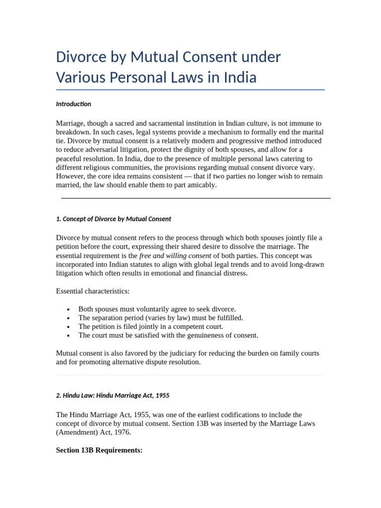 Divorce Mutual Consent India Assignment | PDF | Divorce | Marriage