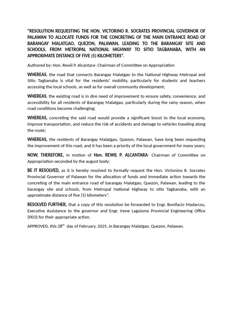 RESOLUTION For Road Concreting Metropal To Tagbanaba | PDF