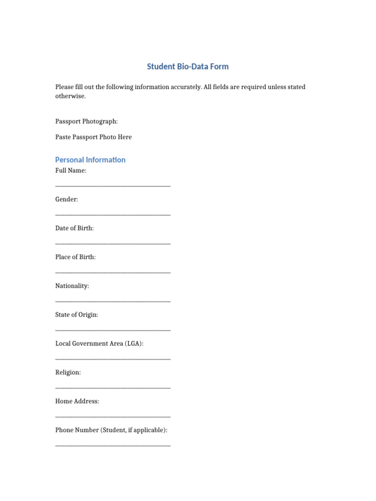 Student Bio Data Form - Copy (2) | PDF