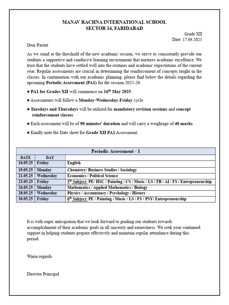 Grade XII PA1 Schedule 2025-26 | PDF