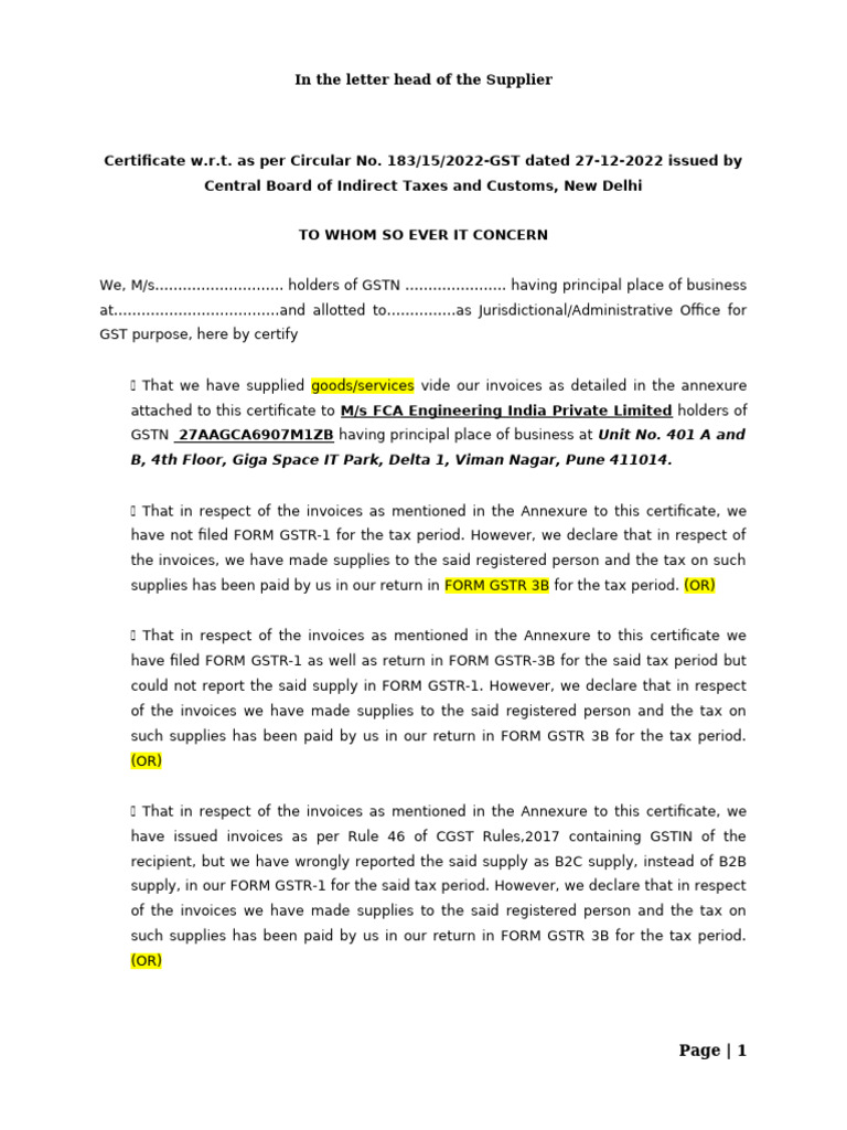 1. ITC Unreconciled_Supplier Certificate_Format_Advection | PDF | Invoice | Public Finance