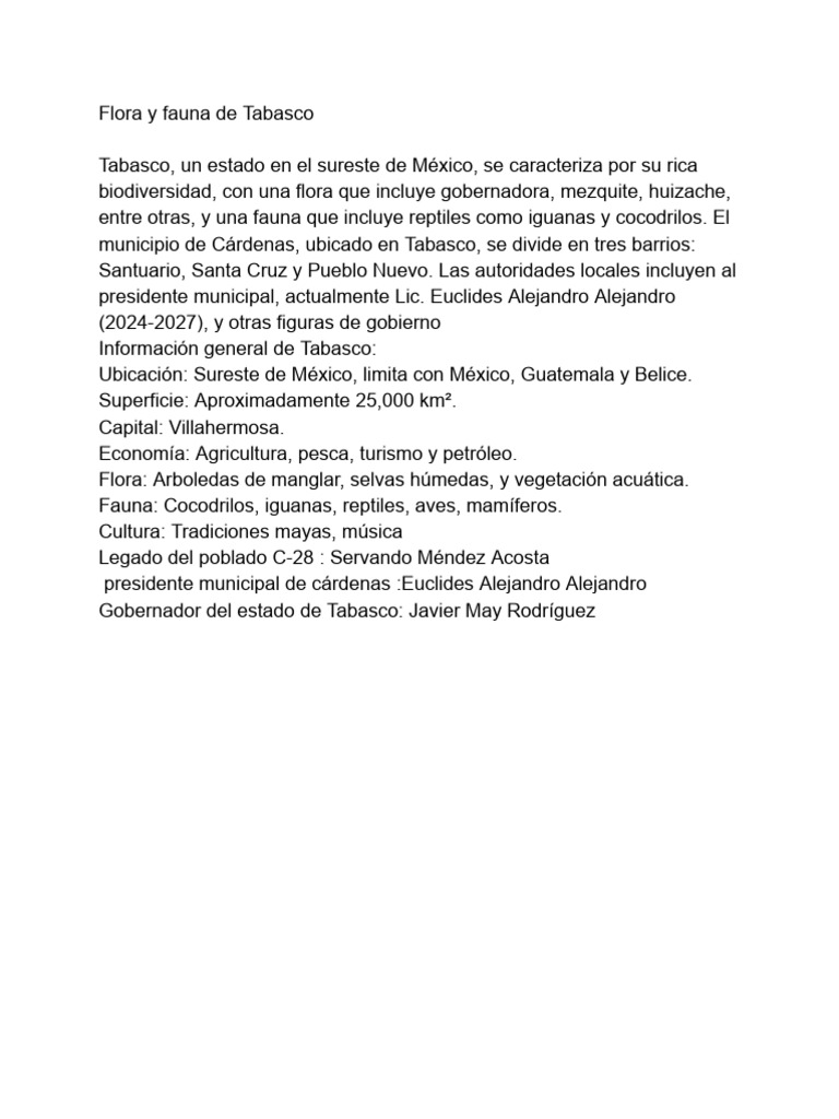 Flora y Fauna de Tabasco: Biodiversidad | PDF