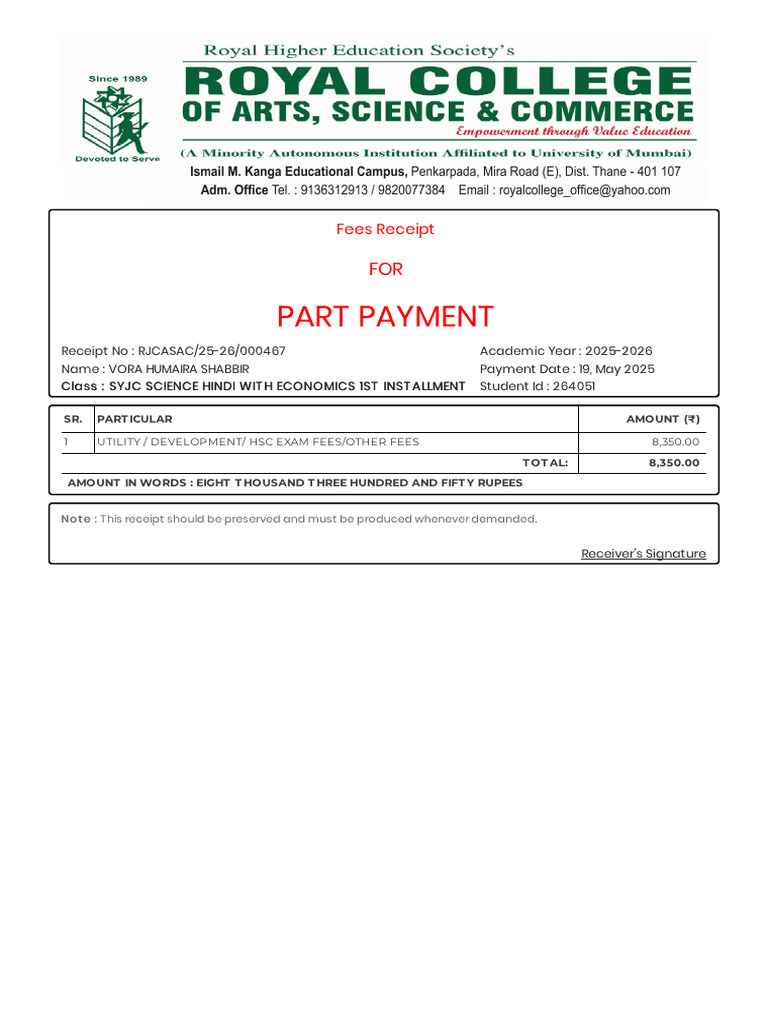 Part Payment: Fees Receipt | PDF