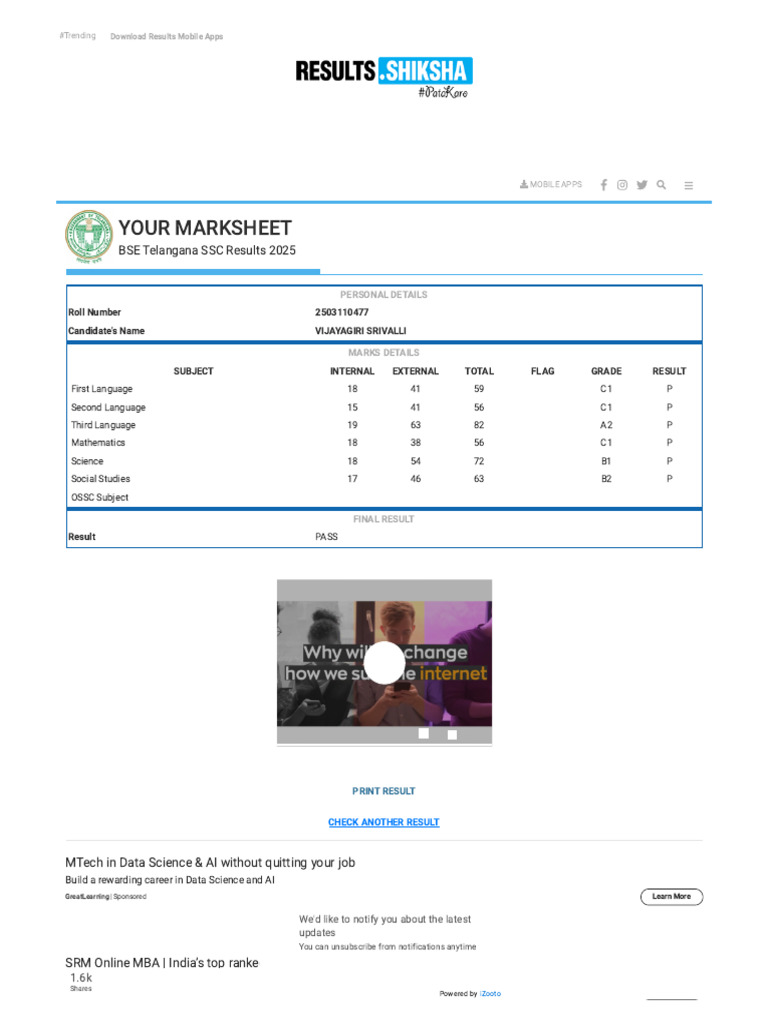 Telangana SSC Results 2025 Marksheet | PDF | Computing