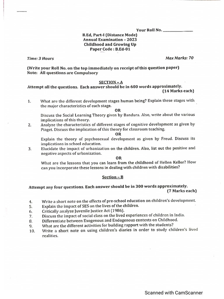 JMI DIST. B.ed 1st Year Question Paper | PDF