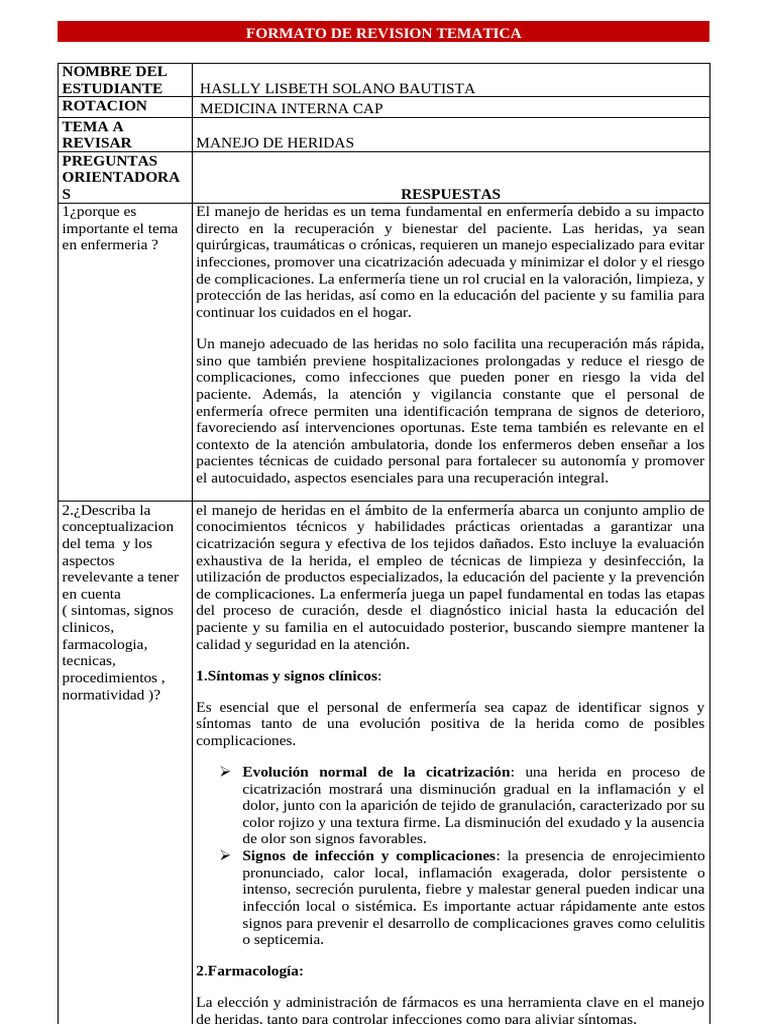 Revision Tematica Manejo de Heridas | PDF | Enfermería | Medicina