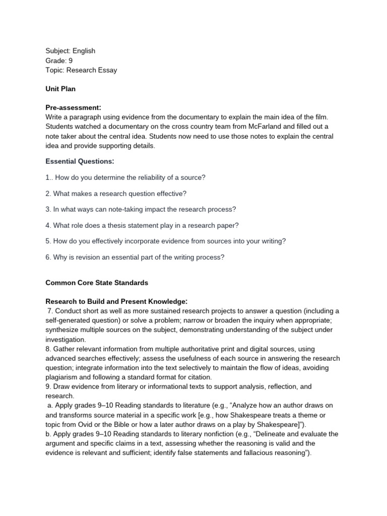 Catherine Bergren Unit Plan | PDF | Educational Assessment | Essays