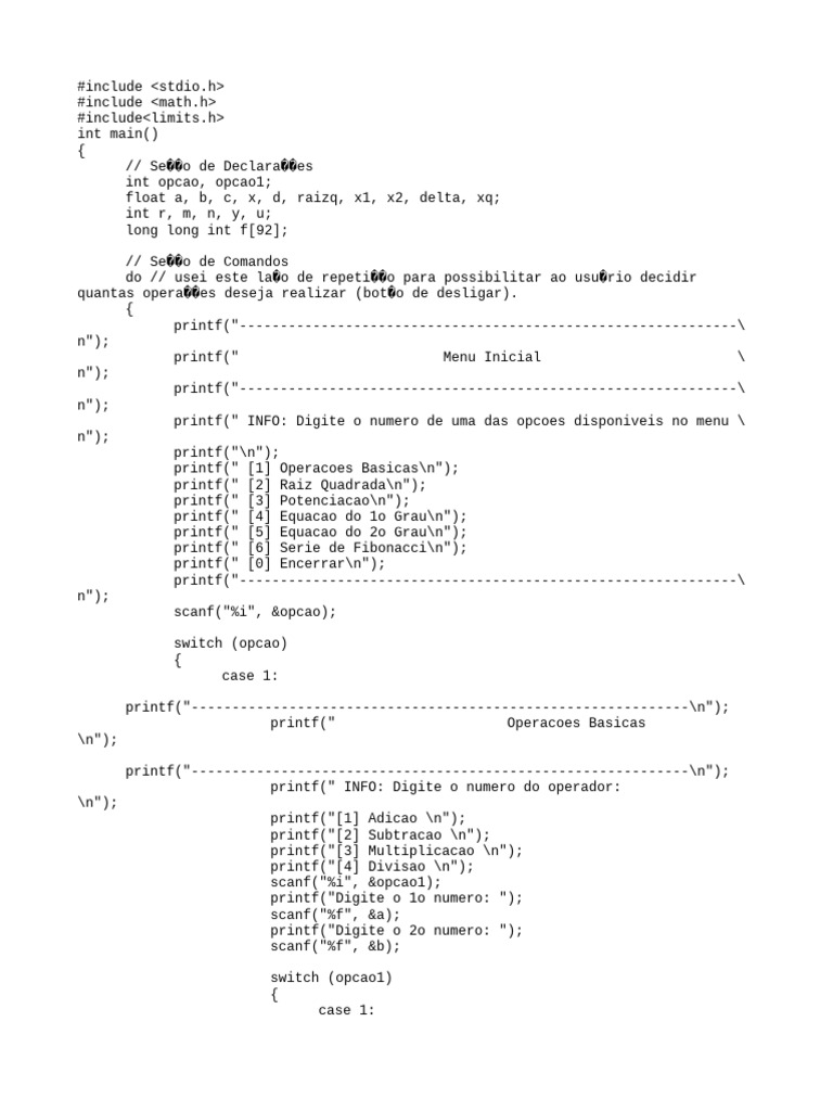 Calculadora Interativa em C | PDF | Álgebra | Números