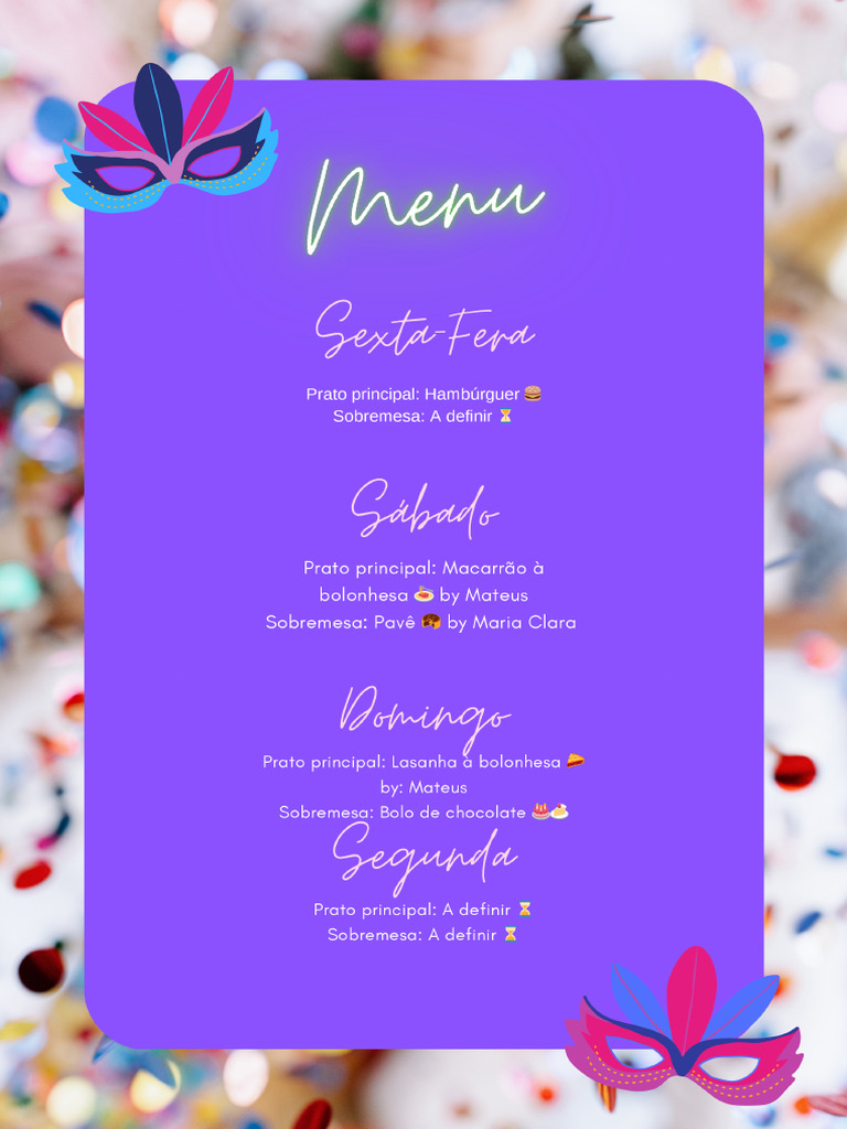 Indigo Colorful Neon Minimal Carnival Party Menu | PDF