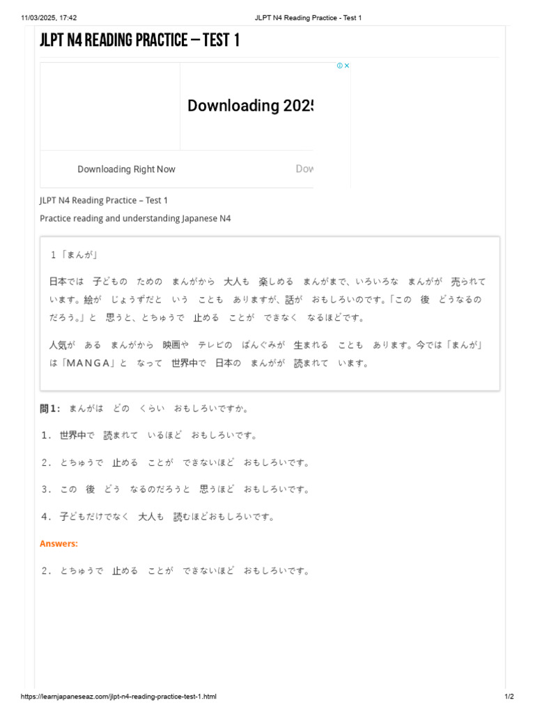 JLPT N4 Reading Practice - Test 1 | PDF