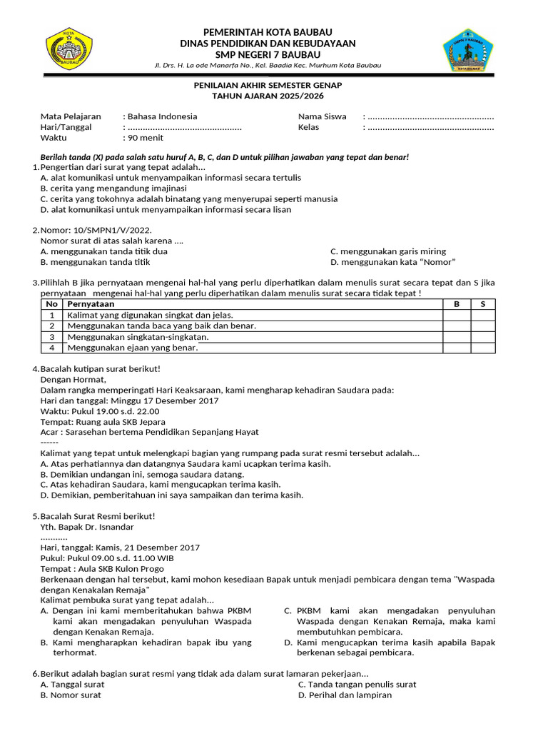 soal uas semester 2 bindo dita 2025 kelas 7 | PDF