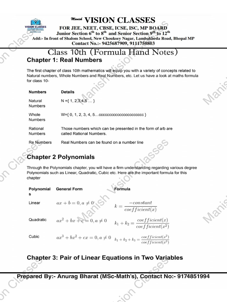 Maths Formula Class 10 | PDF