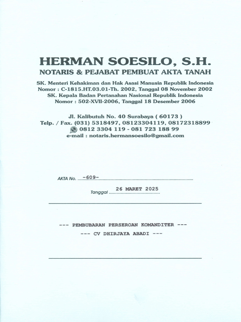 Akta Pembubaran CV. Dhirjaya Abadi | PDF