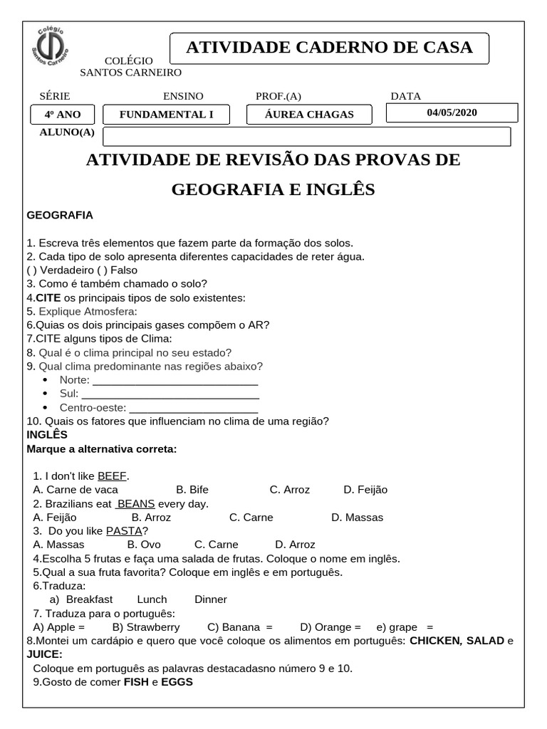 Atividade Revisando Geografia e Inglês Prova 04 de Maio | PDF