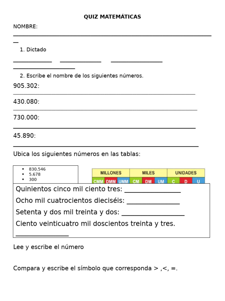 QUIZ MATEMÁTICAS Numeros | PDF