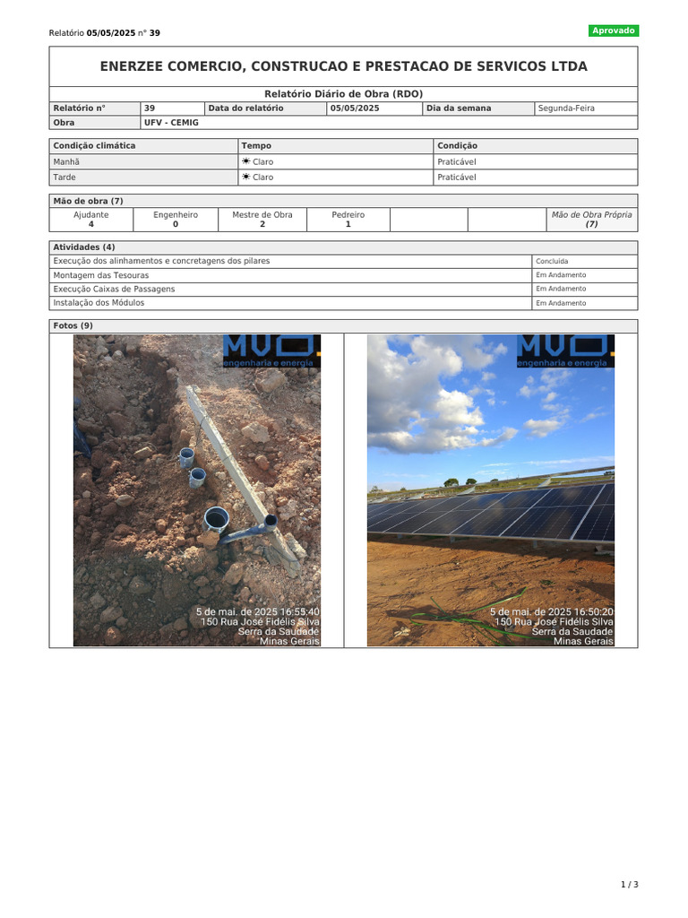 Relatório Diário de Obra (RDO) n° 39 - 05-05-2025 | PDF
