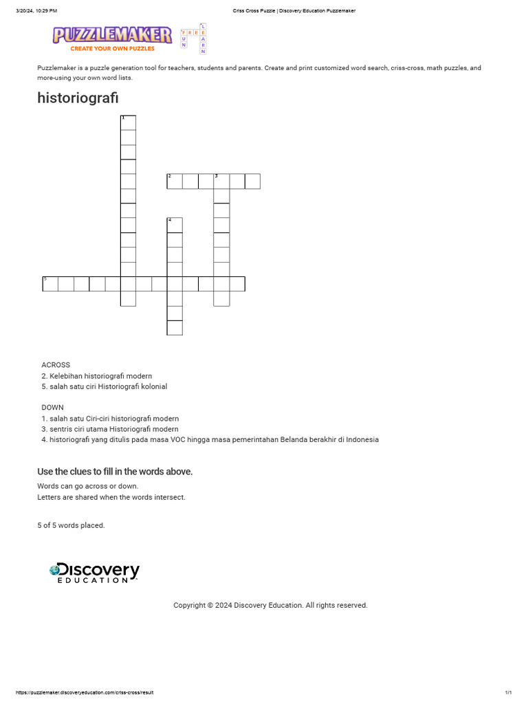 Criss Cross Puzzle - Discovery Education Puzzlemaker | PDF