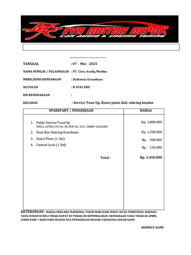 Form Estimasi Service Evr | PDF