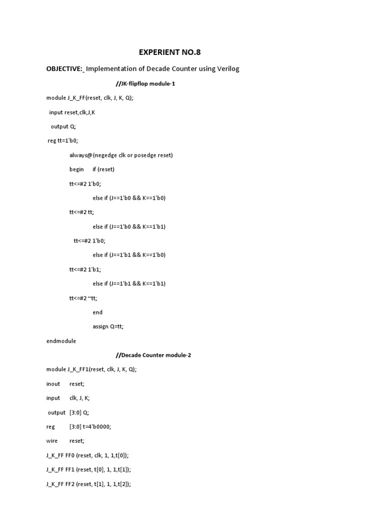 Experient No.8: OBJECTIVE: Implementation of Decade Counter Using ...
