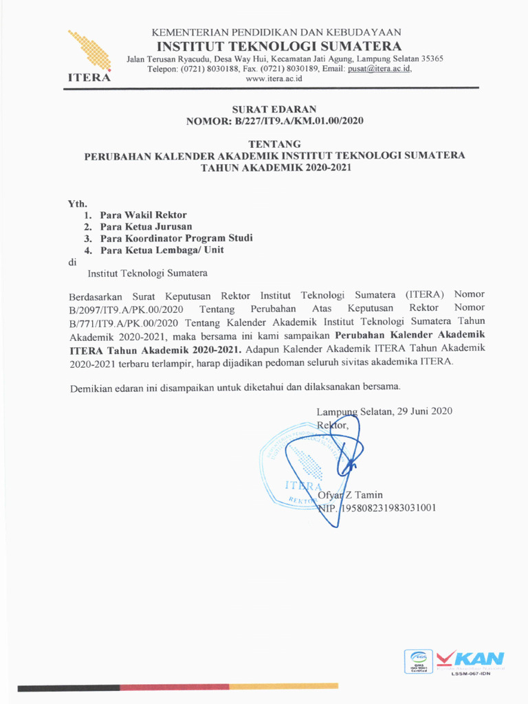 227 Surat Edaran Perubahan Kalender Akademik ITERA 2020-2021 Cap | PDF
