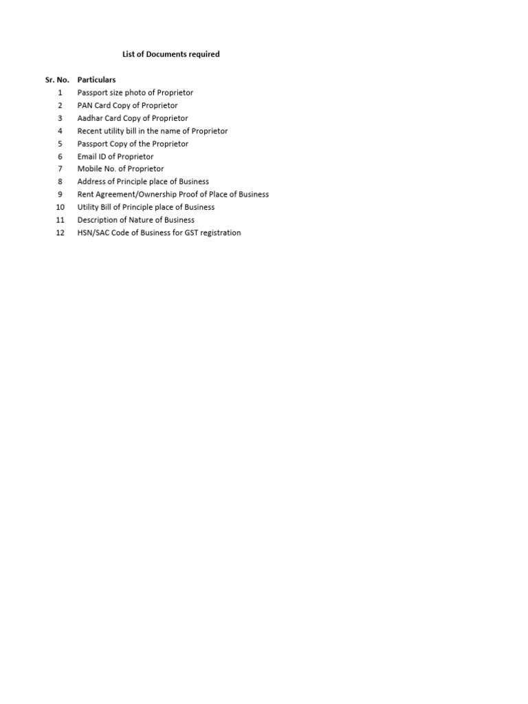 Document List For GST Registration | PDF
