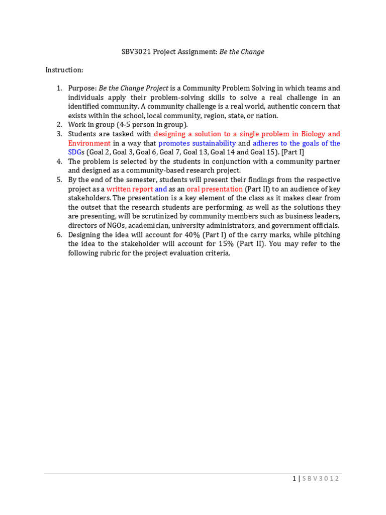SBV3021 Project Assignment Instruction | PDF | Sustainability | Environmental Issues