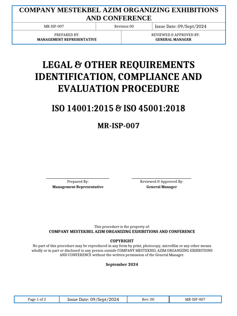 Isp-007 Legal & Other Requirements Identification, Compliance and Evaluation Procedure | PDF ...