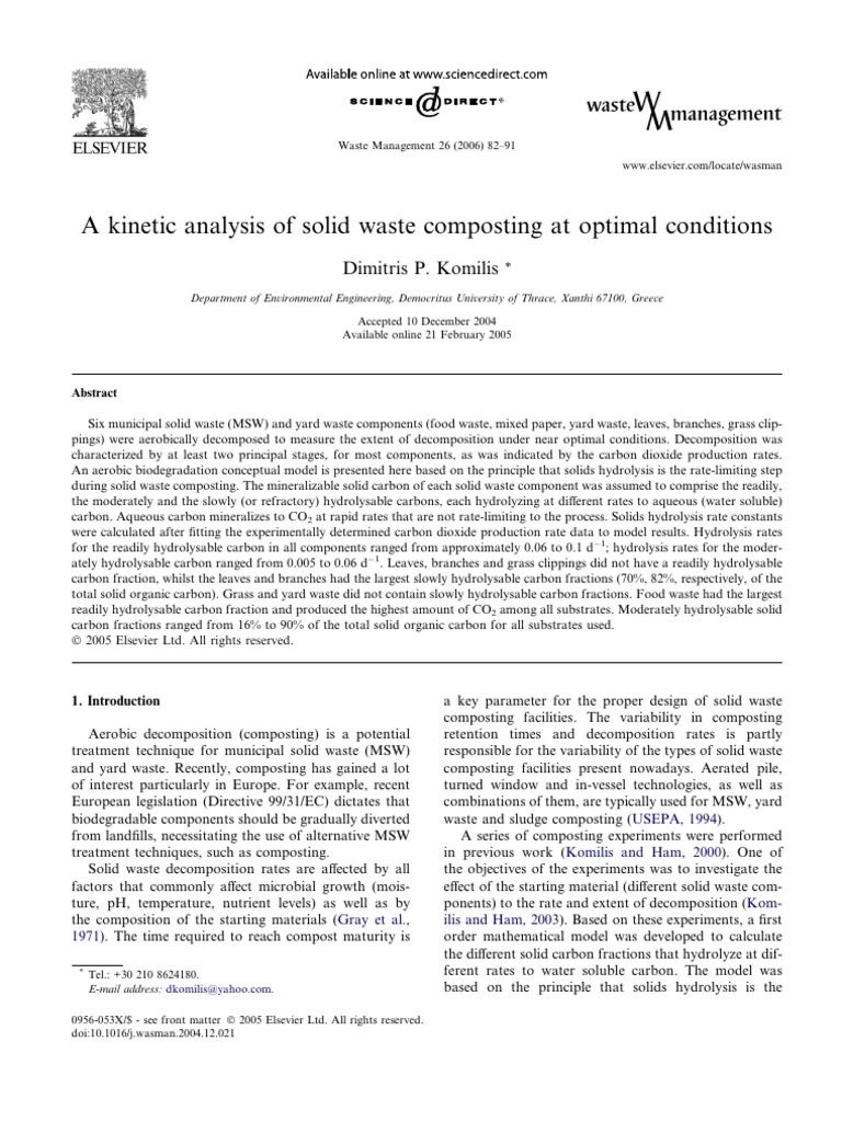A Kinetic Analysis of Solid Waste Composting at Optimal Conditions ...