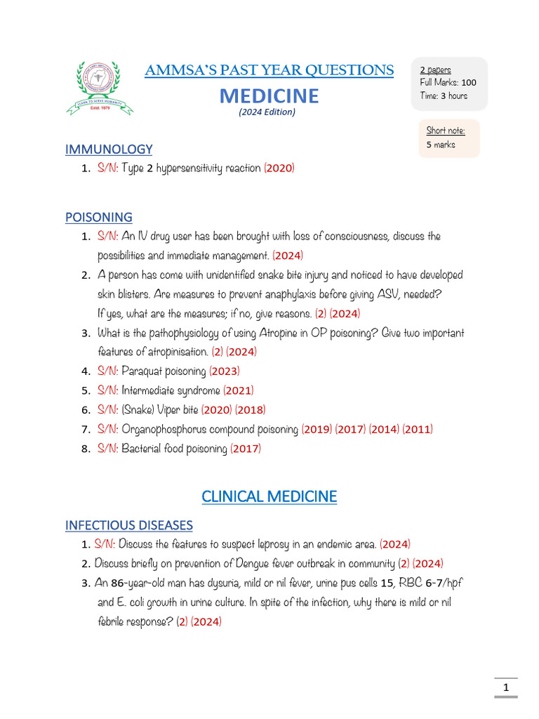 AMMSA 2024 Medicine Past Year Questions | PDF | Myocardial Infarction ...